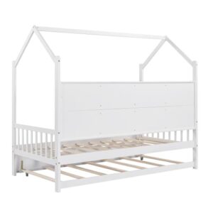 Wood Twin Bed w/ Trundle, Open Shelf & Roof for Boys Girls, House Bed w/ Trundle Bookcase & Wood Support Slats, No Box Spring Needed, Boys Girls Twin House Bed w/ Shelf Bookcase for 2 Kids Bedroom