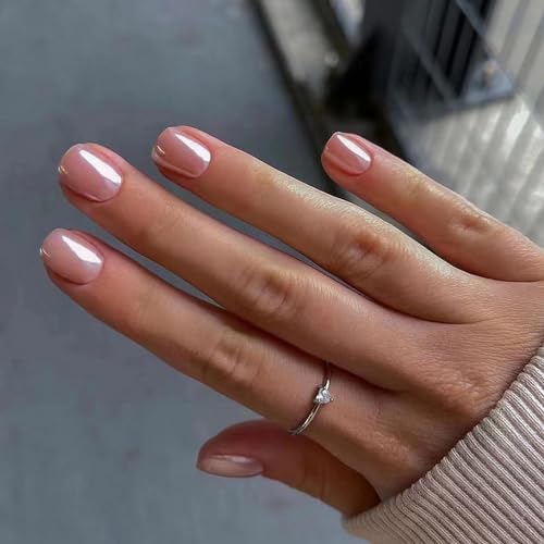 Extra Short Press on Nails Square Fake Nails with Chrome Designs Glossy Nude False Nails Mirror Glue on Acrylic Nails for Women Girls