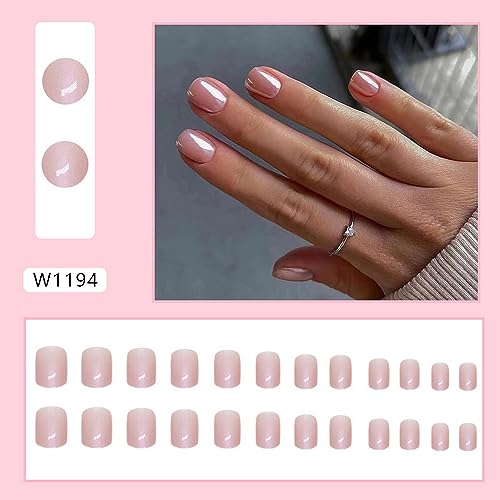 Extra Short Press on Nails Square Fake Nails with Chrome Designs Glossy Nude False Nails Mirror Glue on Acrylic Nails for Women Girls