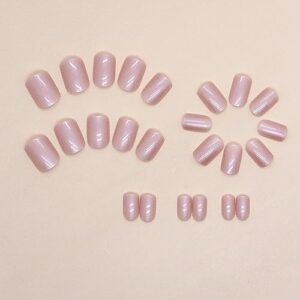 Extra Short Press on Nails Square Fake Nails with Chrome Designs Glossy Nude False Nails Mirror Glue on Acrylic Nails for Women Girls