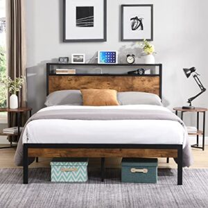 modern industrial queen size metal platform bed frame with wooden headboard and footboard with usb and charging station, no box spring needed, large under bed storage, easy assemble (queen)