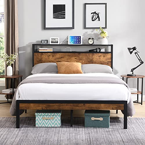 Modern Industrial Queen Size Metal Platform Bed Frame with Wooden Headboard and Footboard with USB and Charging Station, No Box Spring Needed, Large Under Bed Storage, Easy Assemble (Queen)