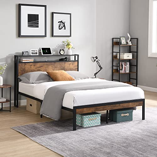 Modern Industrial Queen Size Metal Platform Bed Frame with Wooden Headboard and Footboard with USB and Charging Station, No Box Spring Needed, Large Under Bed Storage, Easy Assemble (Queen)