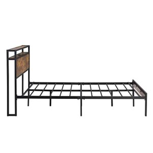 Modern Industrial Queen Size Metal Platform Bed Frame with Wooden Headboard and Footboard with USB and Charging Station, No Box Spring Needed, Large Under Bed Storage, Easy Assemble (Queen)