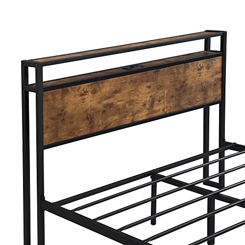 Modern Industrial Queen Size Metal Platform Bed Frame with Wooden Headboard and Footboard with USB and Charging Station, No Box Spring Needed, Large Under Bed Storage, Easy Assemble (Queen)