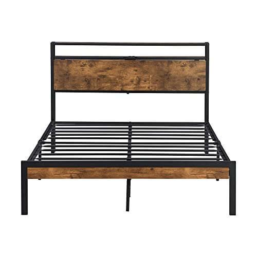 Modern Industrial Queen Size Metal Platform Bed Frame with Wooden Headboard and Footboard with USB and Charging Station, No Box Spring Needed, Large Under Bed Storage, Easy Assemble (Queen)