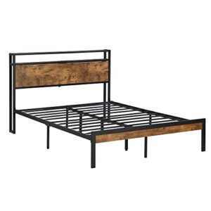 Modern Industrial Queen Size Metal Platform Bed Frame with Wooden Headboard and Footboard with USB and Charging Station, No Box Spring Needed, Large Under Bed Storage, Easy Assemble (Queen)