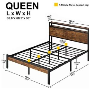 Modern Industrial Queen Size Metal Platform Bed Frame with Wooden Headboard and Footboard with USB and Charging Station, No Box Spring Needed, Large Under Bed Storage, Easy Assemble (Queen)