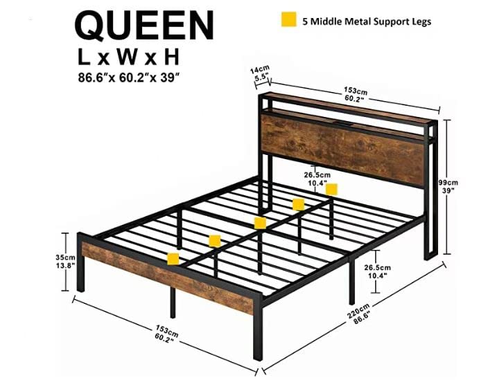 Modern Industrial Queen Size Metal Platform Bed Frame with Wooden Headboard and Footboard with USB and Charging Station, No Box Spring Needed, Large Under Bed Storage, Easy Assemble (Queen)