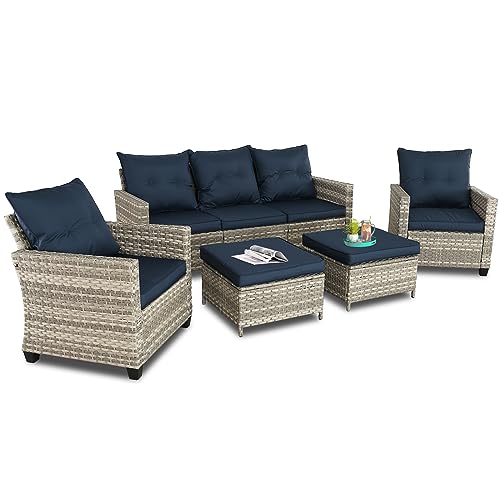 HTTH 5 Pieces Patio Furniture Sets PE Rattan Wicker Outdoor Conversation Set Patio Sectional Sets Patio Sofa Couch Set with 2 Ottomans for Porch,Balcony,Lawn (Grey-Blue)