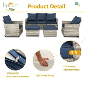 HTTH 5 Pieces Patio Furniture Sets PE Rattan Wicker Outdoor Conversation Set Patio Sectional Sets Patio Sofa Couch Set with 2 Ottomans for Porch,Balcony,Lawn (Grey-Blue)