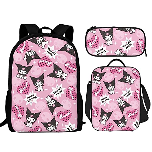 BIJASANI Kawaii Backpack 3PC Set Girls Bookbag Teens Laptop Backpack with Lunch Bag Pencil Case Casual Daypack