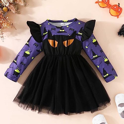 Toddler Baby Girl Halloween Dress Print Long Sleeve Pumpkin Dress for Little Girls Halloween Outfits Easter Dress (Purple, 4-5 Years)