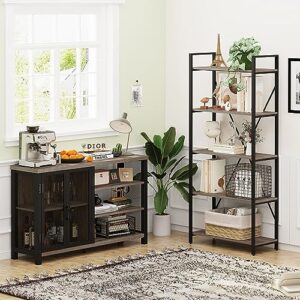 BON AUGURE Multi-Functional Coffee Bar Cabinet with Industrial 5 Tier Bookcase for Home Office (Dark Gray Oak)