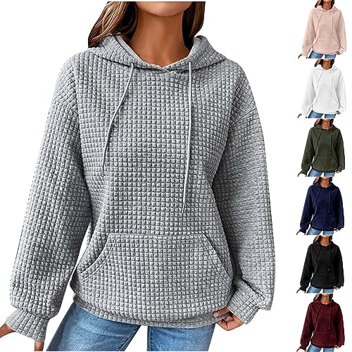 sweatshirts women Oversized Hoodie for Women Long Sleeve Drawstring Pullover Top Waffle Knit Sweatshirt with Pocket Fashion Fall Clothes Gray L,clearance items under 5 dollars