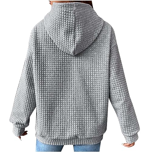 sweatshirts women Oversized Hoodie for Women Long Sleeve Drawstring Pullover Top Waffle Knit Sweatshirt with Pocket Fashion Fall Clothes Gray L,clearance items under 5 dollars