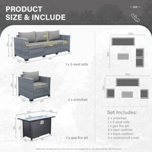 Outdoor Furniture Sets Patio Couch Outdoor Chairs 60000 BTU Propane Fire Pit 4 Pcs Patio Furniture Set 45In Fire Pit Table with No-Slip Cushions and Waterproof Covers, Grey