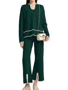 superprity 2 piece sweater sets for women winter wide leg pants knit outfits set comfy long sleeve lounge wear sweatsuit set-l,dark green