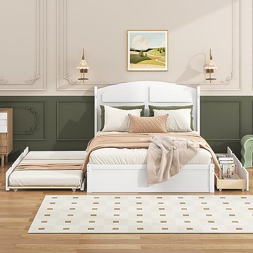 SOFTSEA Queen Size Platform Bed Frame with Trundle and Drawers