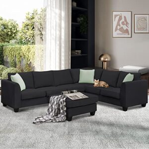 fiqhome 7-seat reversible chaise, l shaped ottoman, living room, modular sectional fabric sofa corner couch set with 3 pillows, black