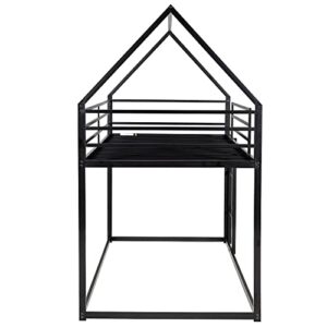 POCIYIHOME Twin Over Twin House Low Bunk Bed with Built-in Ladder, Modern Metal Floor Bed Frame with Full Length Guardrail for Kids,Teens Bedroom, Space-Saving & Creative, No Box Spring Needed, Black