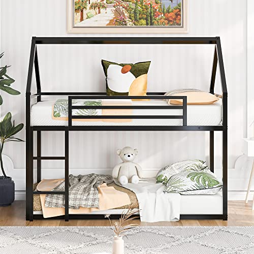 POCIYIHOME Twin Over Twin House Low Bunk Bed with Built-in Ladder, Modern Metal Floor Bed Frame with Full Length Guardrail for Kids,Teens Bedroom, Space-Saving & Creative, No Box Spring Needed, Black