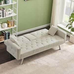 Eafurn Linen Upholstered Convertible Folding Futon Bed, Button Tufted Loveseat Compact Living Space, Apartment, Dorm, Bonus Room w/Metal Legs, 2 Cupholders,Comfy Sofa & Couches, Beige 75.59"