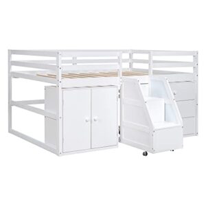 BIADNBZ Versatile Low Loft Bed Full Size, Wood Loftbed Frame with Storage Drawers and Cabinets, Hanging Clothes at The Back of The Staircase, for Kids Teens Boys Girls Bedroom,White