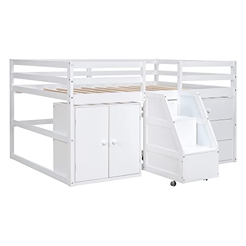 BIADNBZ Versatile Low Loft Bed Full Size, Wood Loftbed Frame with Storage Drawers and Cabinets, Hanging Clothes at The Back of The Staircase, for Kids Teens Boys Girls Bedroom,White