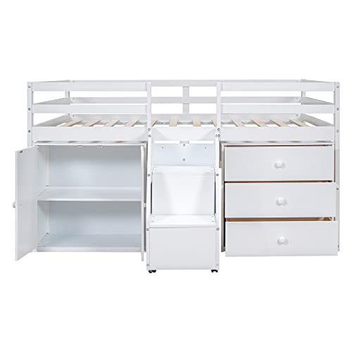 BIADNBZ Versatile Low Loft Bed Full Size, Wood Loftbed Frame with Storage Drawers and Cabinets, Hanging Clothes at The Back of The Staircase, for Kids Teens Boys Girls Bedroom,White