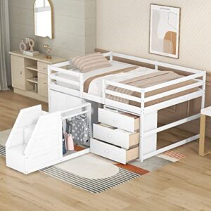 BIADNBZ Versatile Low Loft Bed Full Size, Wood Loftbed Frame with Storage Drawers and Cabinets, Hanging Clothes at The Back of The Staircase, for Kids Teens Boys Girls Bedroom,White