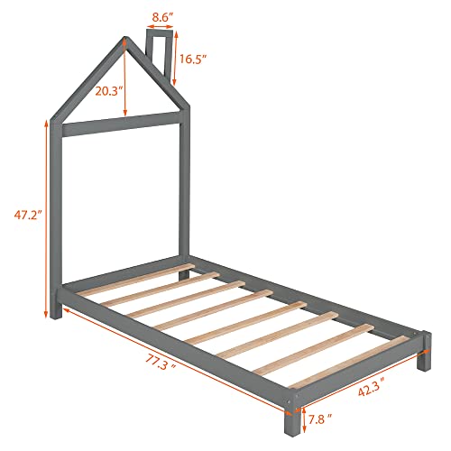 BIADNBZ Twin Size Platform Bed Frame with House-Shaped Headboard for Kids Boys Girls Bedroom, Wooden Slats Support, No Box Spring Needed, Gray