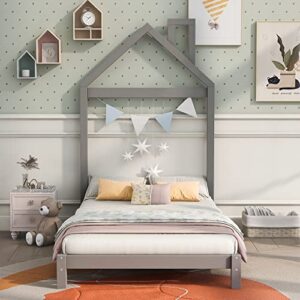 BIADNBZ Twin Size Platform Bed Frame with House-Shaped Headboard for Kids Boys Girls Bedroom, Wooden Slats Support, No Box Spring Needed, Gray