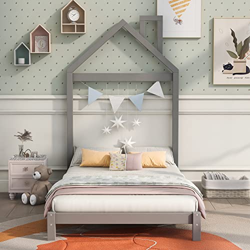 BIADNBZ Twin Size Platform Bed Frame with House-Shaped Headboard for Kids Boys Girls Bedroom, Wooden Slats Support, No Box Spring Needed, Gray