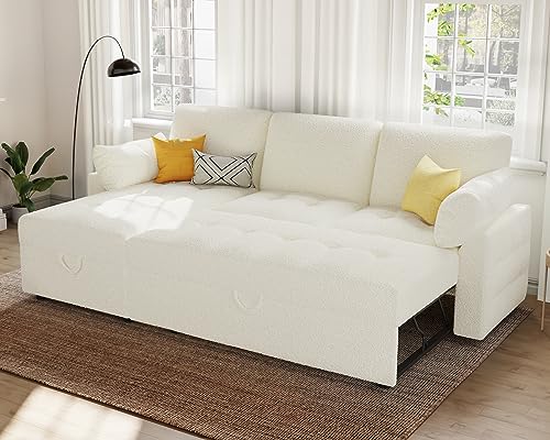 VanAcc Pull Out Sofa Bed, Modern Tufted Convertible Sleeper Sofa, Boucle Sleeper Sectional Couch Bed with Storage Chaise, L Shaped Sofa Couch for Living Room (White)