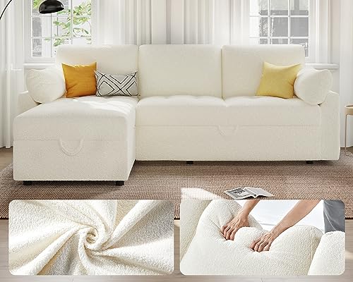 VanAcc Pull Out Sofa Bed, Modern Tufted Convertible Sleeper Sofa, Boucle Sleeper Sectional Couch Bed with Storage Chaise, L Shaped Sofa Couch for Living Room (White)