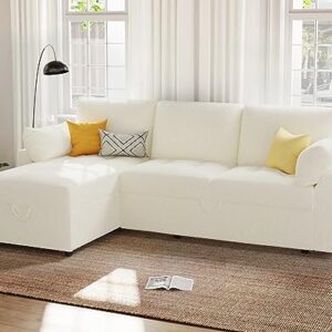 VanAcc Pull Out Sofa Bed, Modern Tufted Convertible Sleeper Sofa, Boucle Sleeper Sectional Couch Bed with Storage Chaise, L Shaped Sofa Couch for Living Room (White)