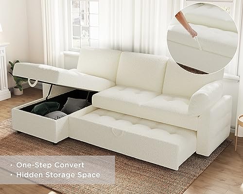 VanAcc Pull Out Sofa Bed, Modern Tufted Convertible Sleeper Sofa, Boucle Sleeper Sectional Couch Bed with Storage Chaise, L Shaped Sofa Couch for Living Room (White)