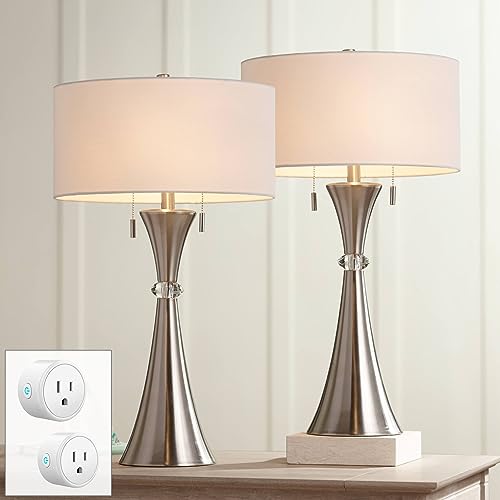 360 Lighting Rachel 28" Tall Concave Column Modern Table Lamps Set of 2 Pull Chain WiFi Smart Socket Silver Metal Living Room Bedroom Bedside Nightstand House Office Home Reading White Shade