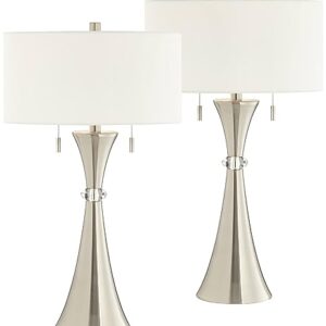 360 Lighting Rachel 28" Tall Concave Column Modern Table Lamps Set of 2 Pull Chain WiFi Smart Socket Silver Metal Living Room Bedroom Bedside Nightstand House Office Home Reading White Shade