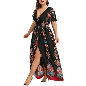 maxi dresses for women wedding guest plus size cruise wear for women 2023 sexy going out dress floral print boho high low short sleeve wrap v-neck a-line split long sexy beach party dress