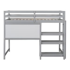 Epinki Twin Size Wooden Loft Bed with Shelves, Desk and Writing Board - Gray, Kids Bed, No Box Spring Needed, Easy Assembly