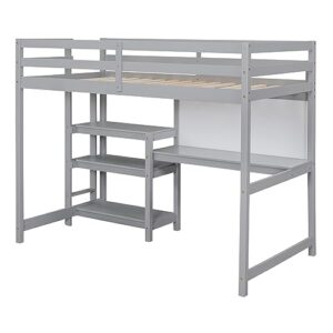 Epinki Twin Size Wooden Loft Bed with Shelves, Desk and Writing Board - Gray, Kids Bed, No Box Spring Needed, Easy Assembly