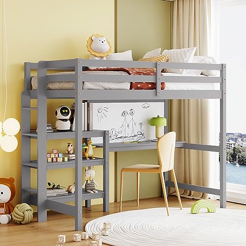 Epinki Twin Size Wooden Loft Bed with Shelves, Desk and Writing Board - Gray, Kids Bed, No Box Spring Needed, Easy Assembly