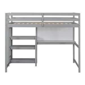 Epinki Twin Size Wooden Loft Bed with Shelves, Desk and Writing Board - Gray, Kids Bed, No Box Spring Needed, Easy Assembly