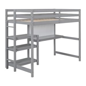 Epinki Twin Size Wooden Loft Bed with Shelves, Desk and Writing Board - Gray, Kids Bed, No Box Spring Needed, Easy Assembly