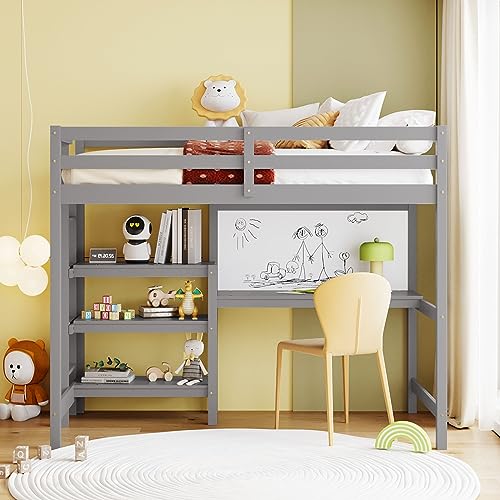 Epinki Twin Size Wooden Loft Bed with Shelves, Desk and Writing Board - Gray, Kids Bed, No Box Spring Needed, Easy Assembly