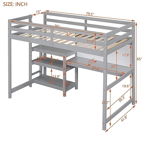 Epinki Twin Size Wooden Loft Bed with Shelves, Desk and Writing Board - Gray, Kids Bed, No Box Spring Needed, Easy Assembly