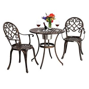 jydqm european style cast aluminum outdoor 3 piece patio bistro set of table and chairs with ice bucket bronze outdoor furniture set