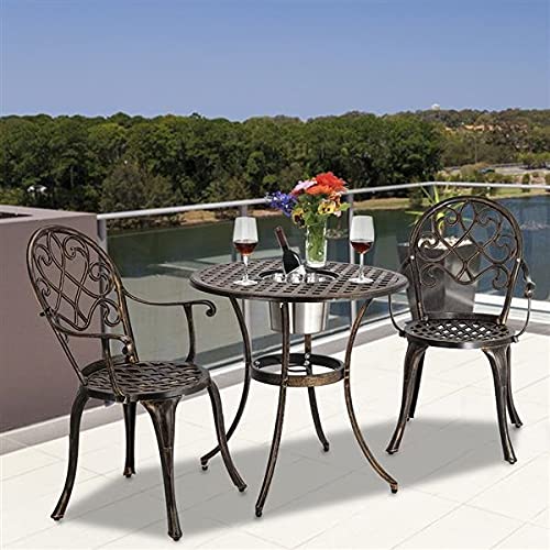 JYDQM European Style Cast Aluminum Outdoor 3 Piece Patio Bistro Set of Table and Chairs with Ice Bucket Bronze Outdoor Furniture Set